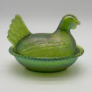 Indiana Glass | Art | Lime Green Iridescent Indiana Glass Hen On Nest ...